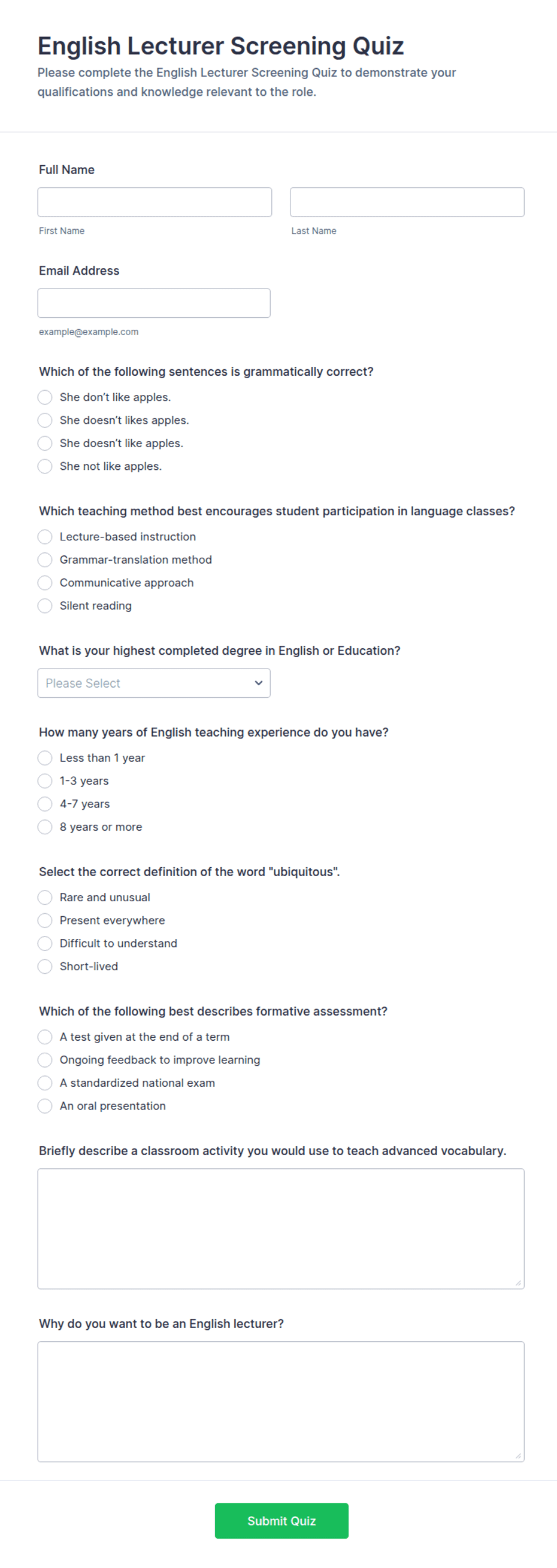 English Lecturer Screening Quiz Form Template | Jotform