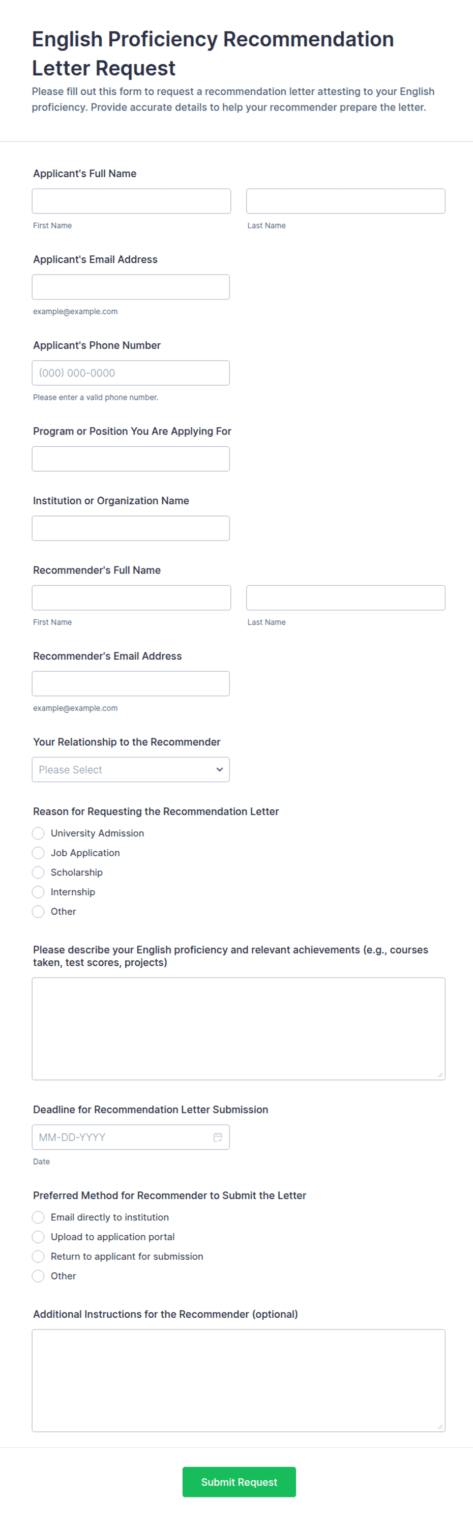 English Proficiency Recommendation Letter Request Form Template | Jotform