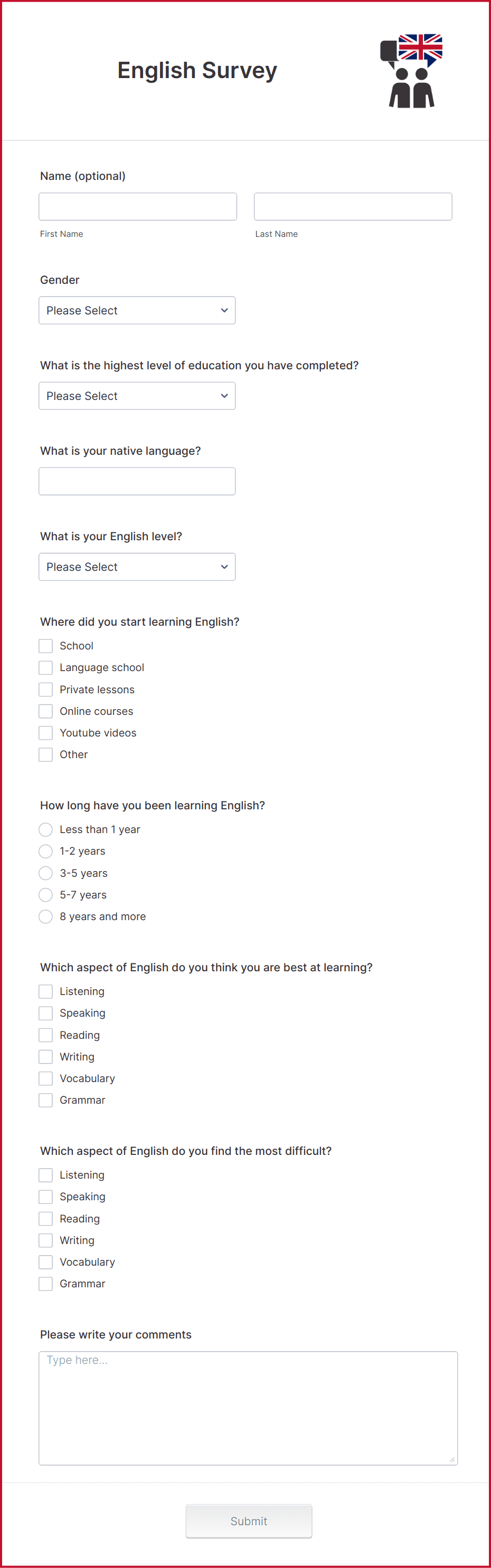 English Survey Form Template | Jotform