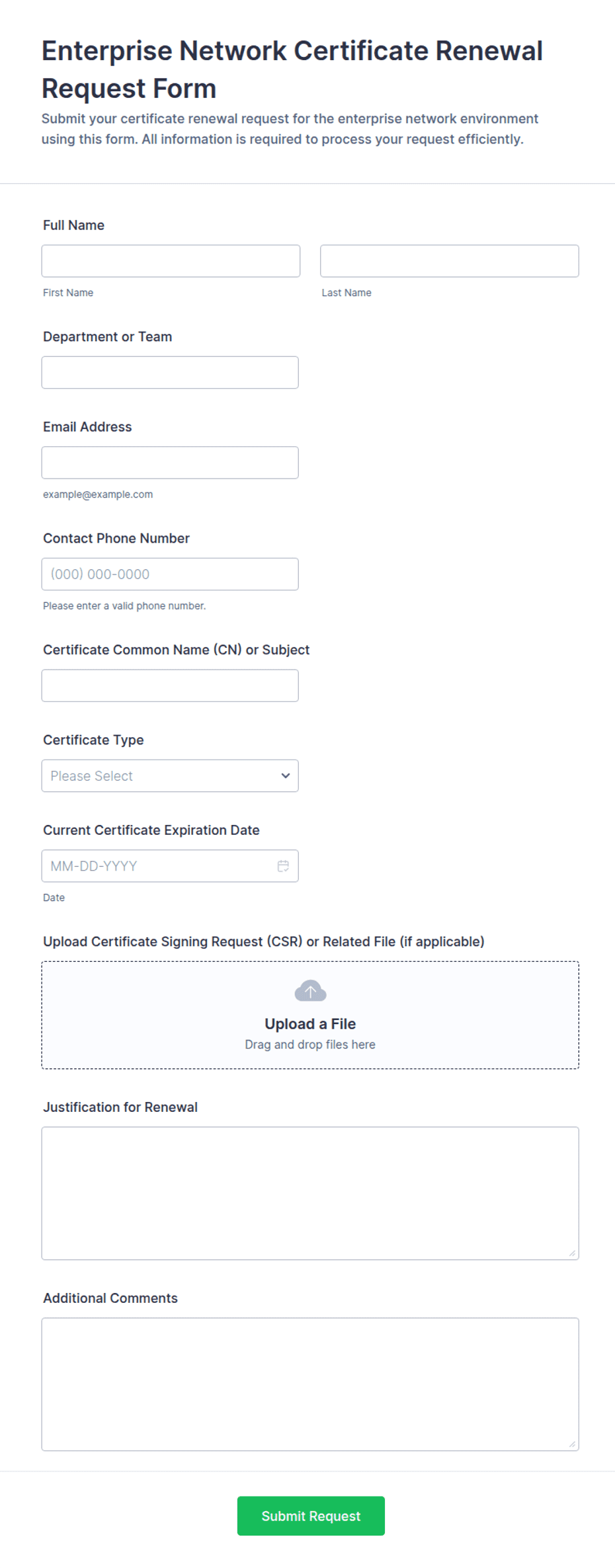 Enterprise Network Certificate Renewal Request Form Template | Jotform