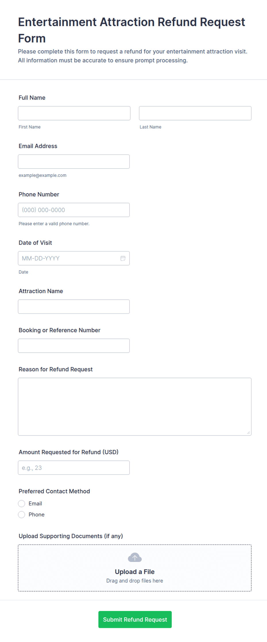 Entertainment Attraction Refund Request Form Template | Jotform