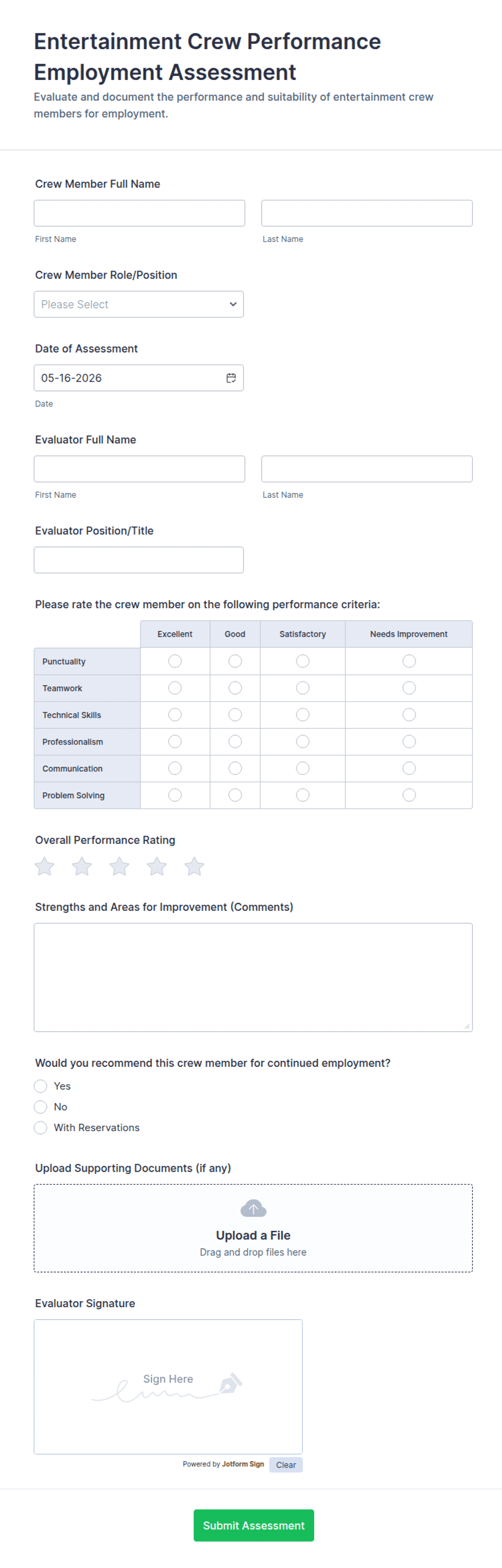 Entertainment Crew Performance Employment Assessment Form Template ...
