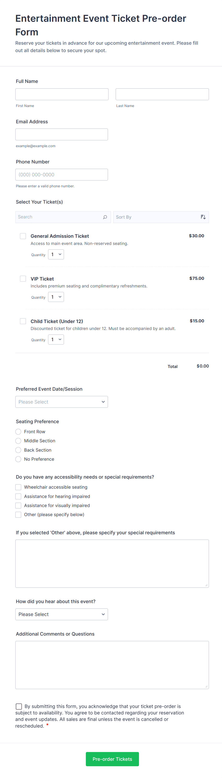 Entertainment Event Ticket Pre-order Form Form Template | Jotform
