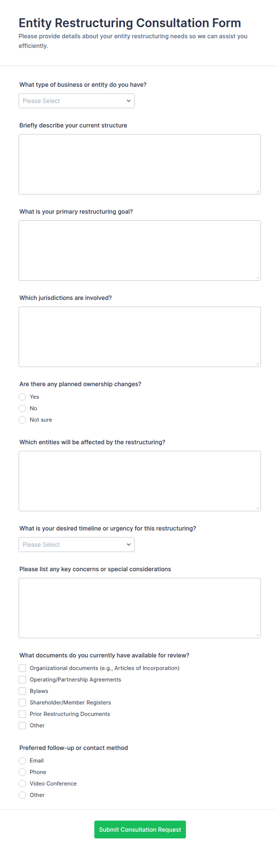 Entity Restructuring Consultation Form Template | Jotform