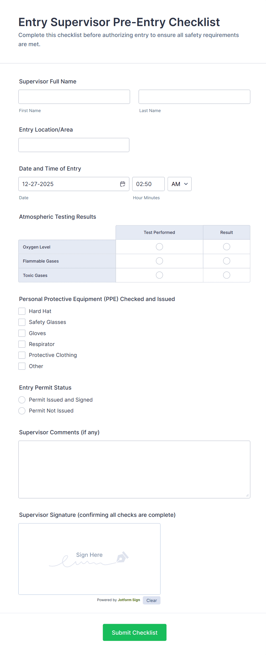 Entry Supervisor Pre-Entry Checklist Form Template | Jotform