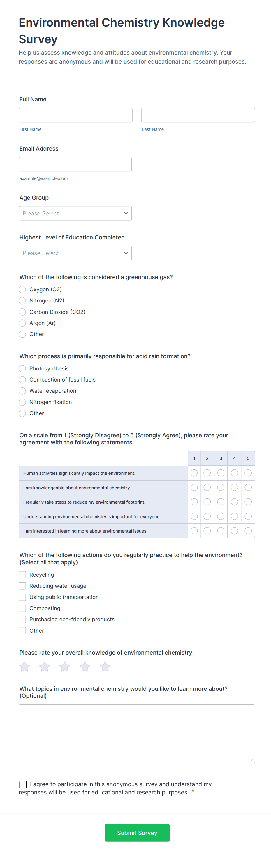Environmental Chemistry Knowledge Survey Form Template | Jotform