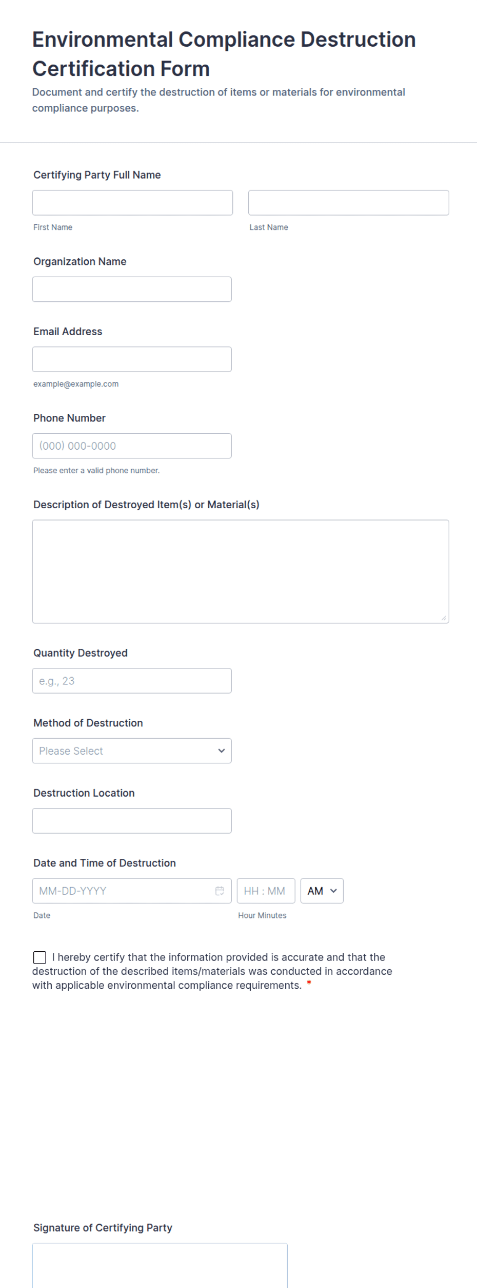 Environmental Compliance Destruction Certification Form Template | Jotform