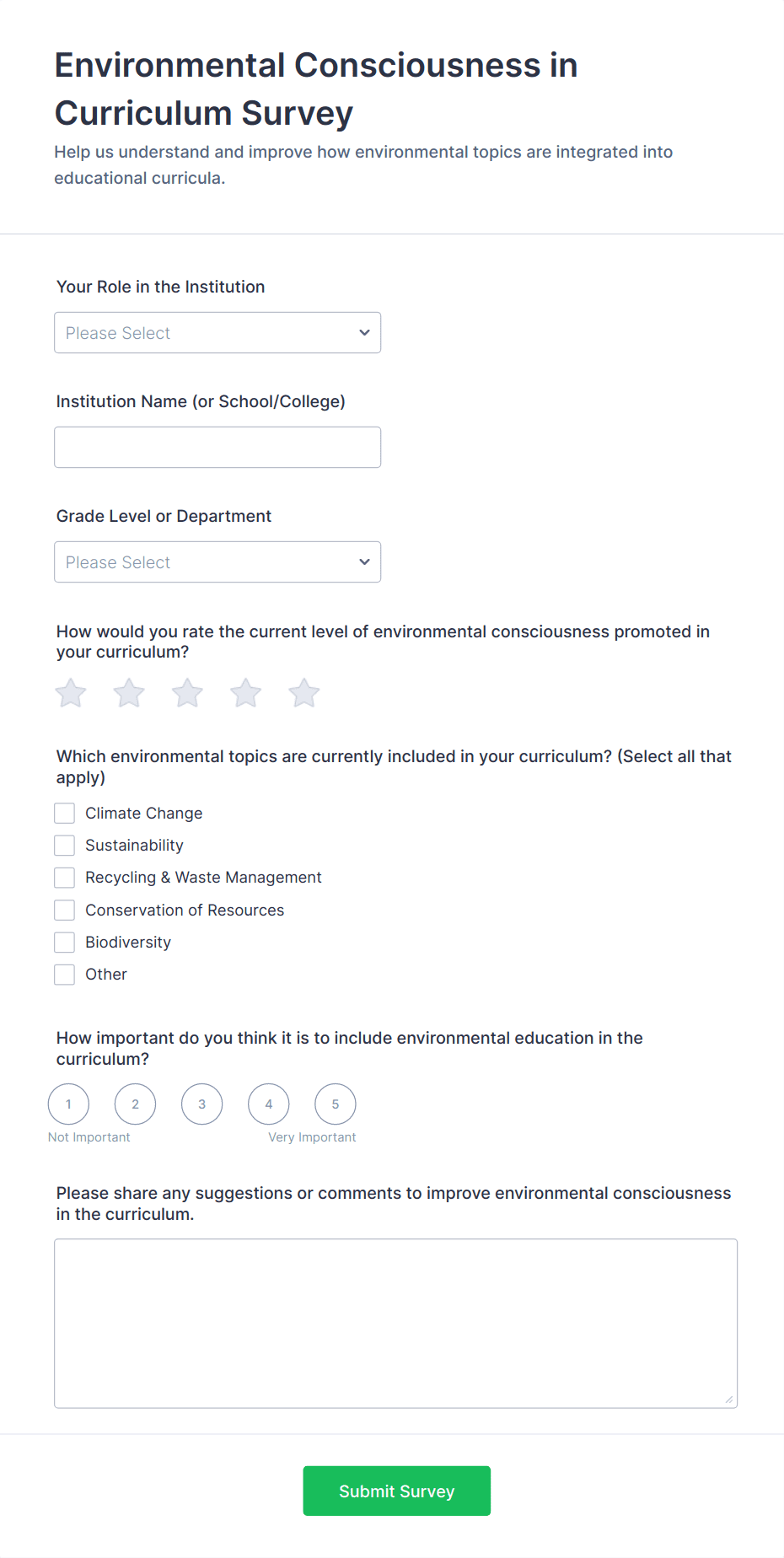 Environmental Consciousness in Curriculum Survey Form Template | Jotform