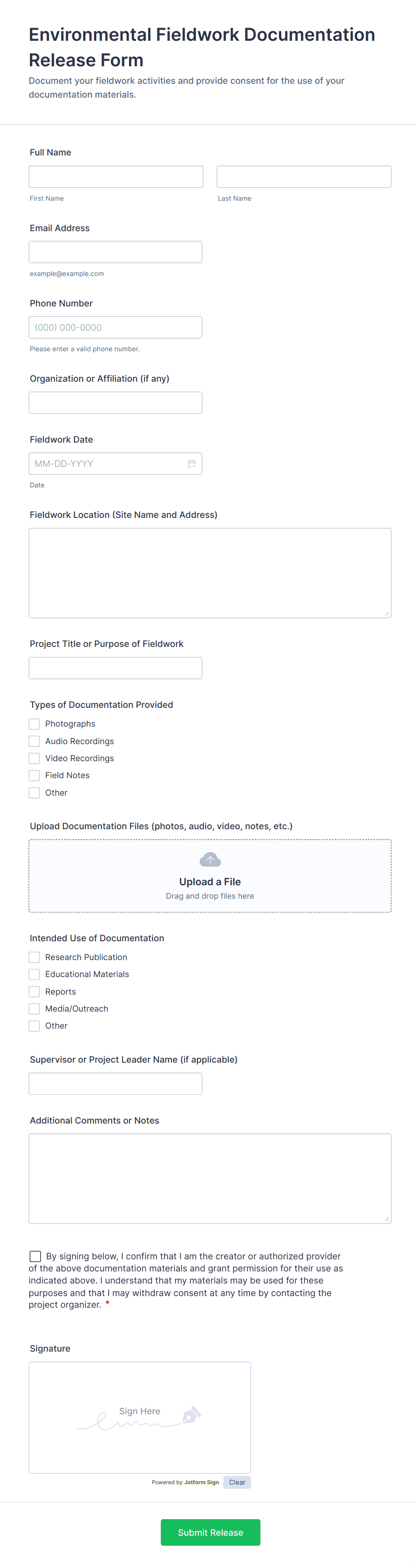 Environmental Fieldwork Documentation Release Form Template Jotform