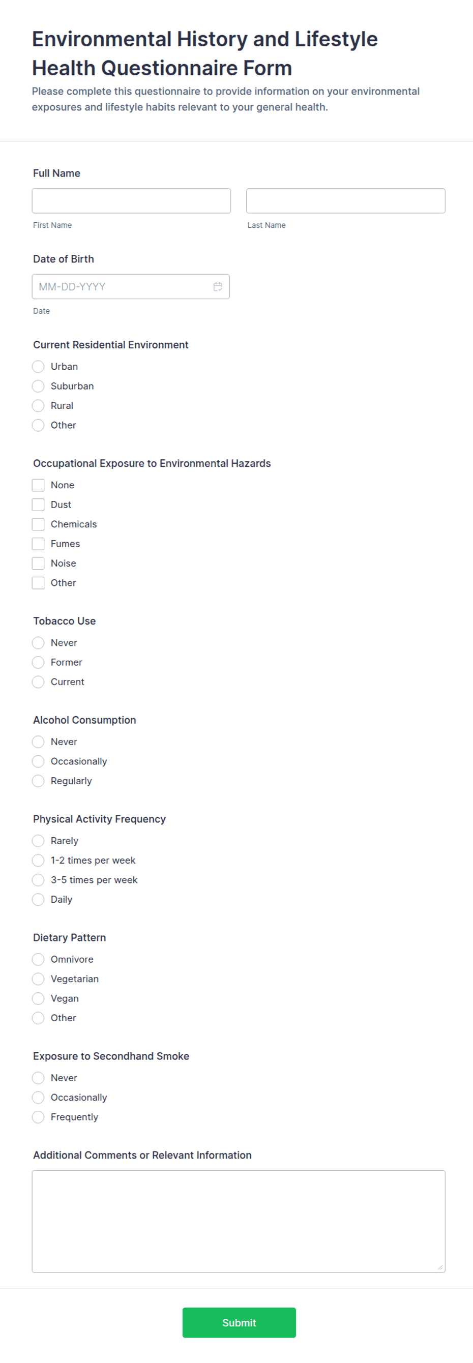 Environmental History and Lifestyle Health Questionnaire Form Template ...