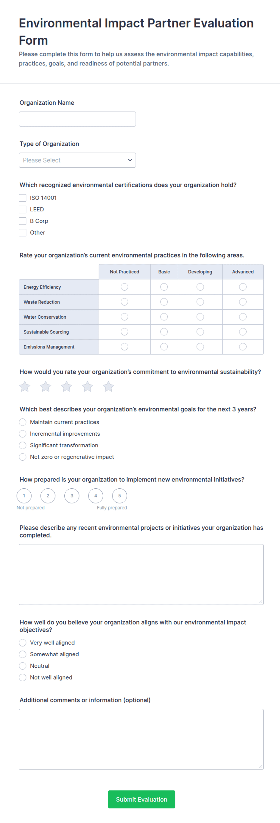 Environmental Impact Partner Evaluation Form Template | Jotform