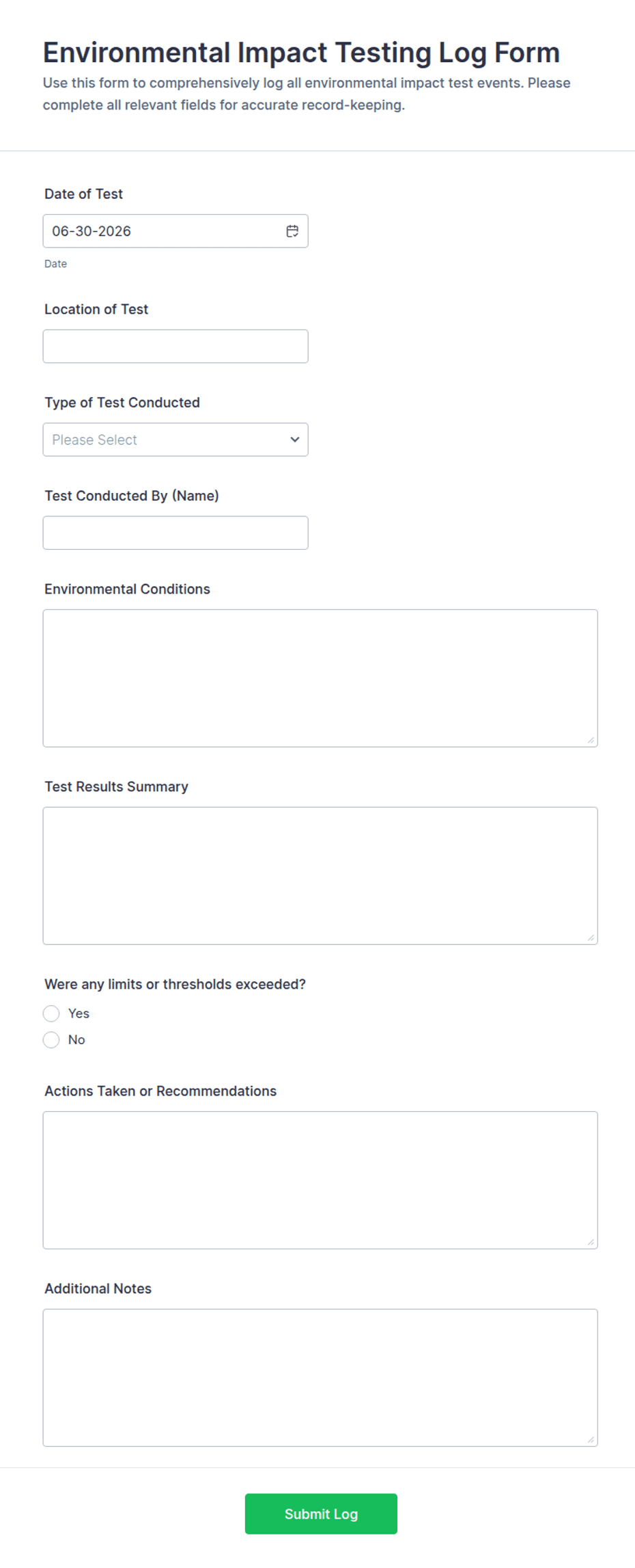 Environmental Impact Testing Log Form Template | Jotform