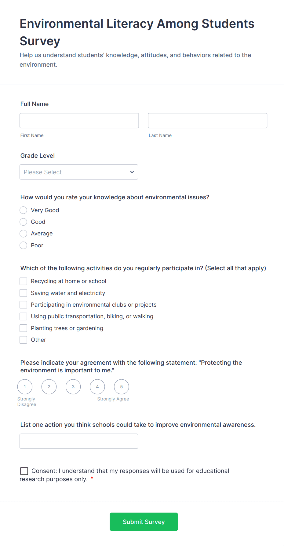 Environmental Literacy Among Students Survey Form Template | Jotform