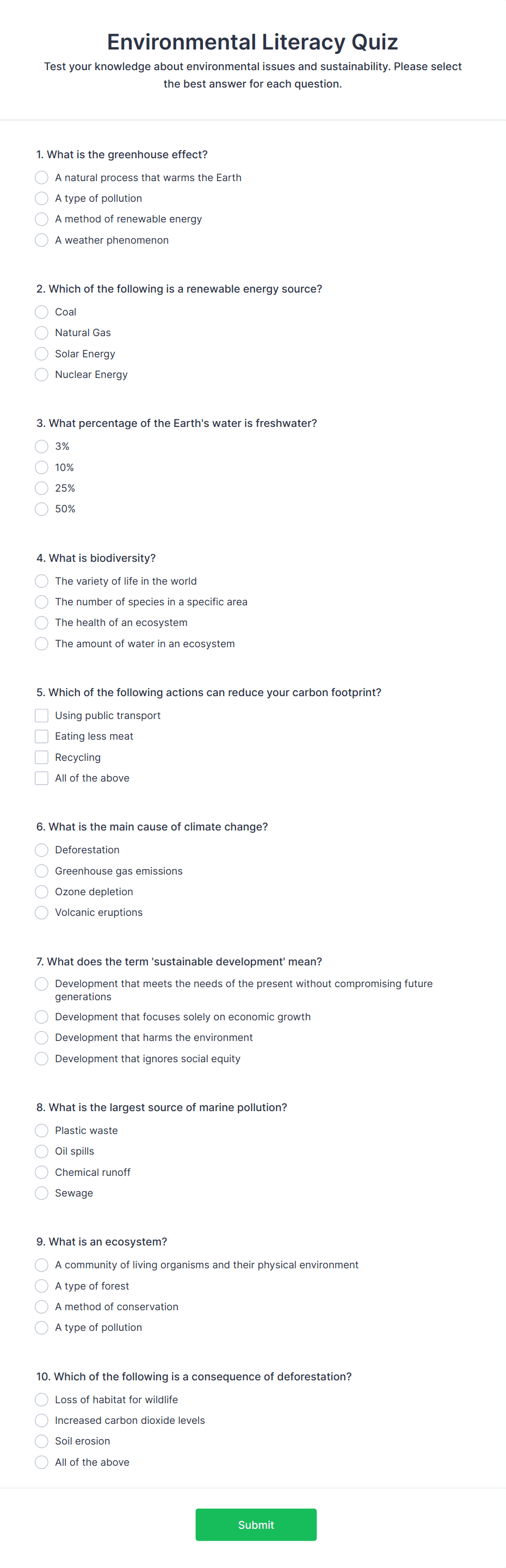Environmental Literacy Quiz Form Template | Jotform