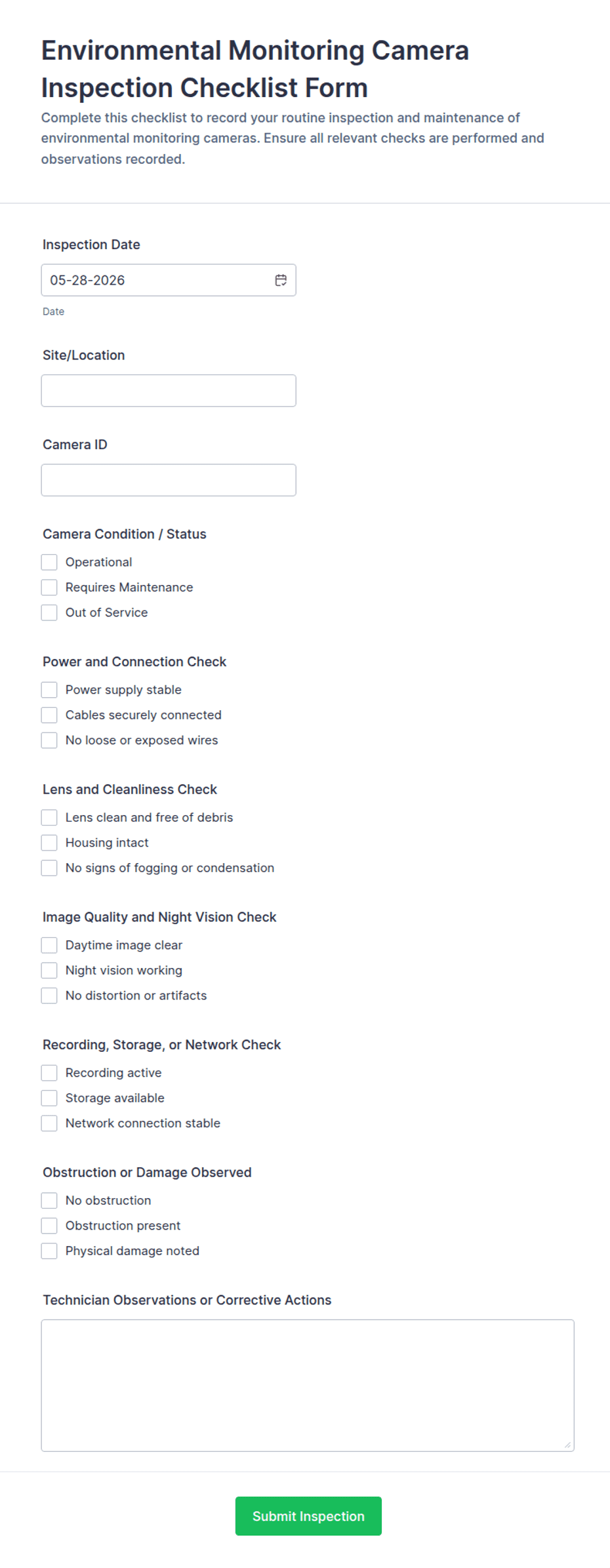 Environmental Monitoring Camera Inspection Checklist Form Template ...