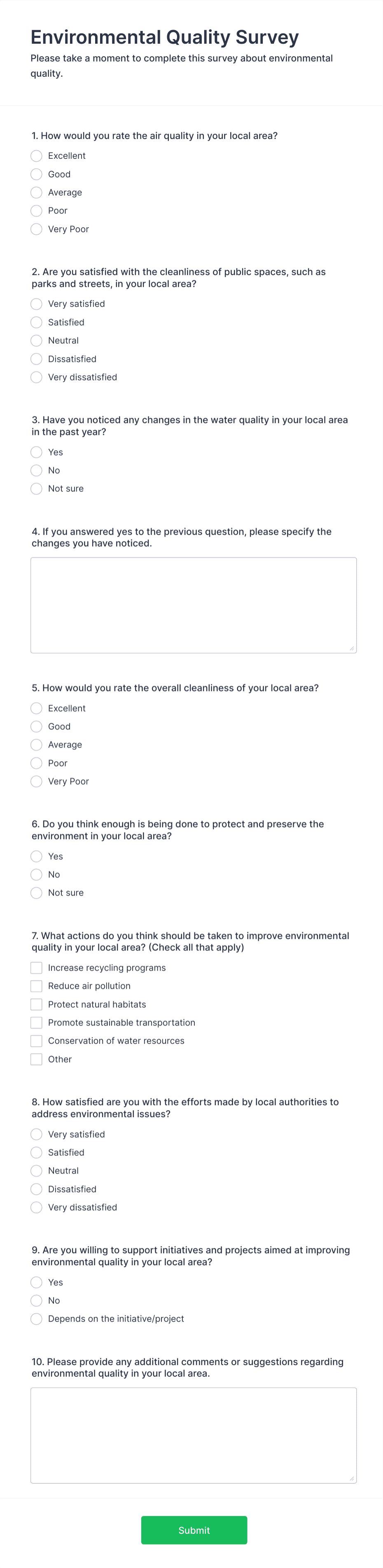 Environmental Quality Survey Form Template | Jotform