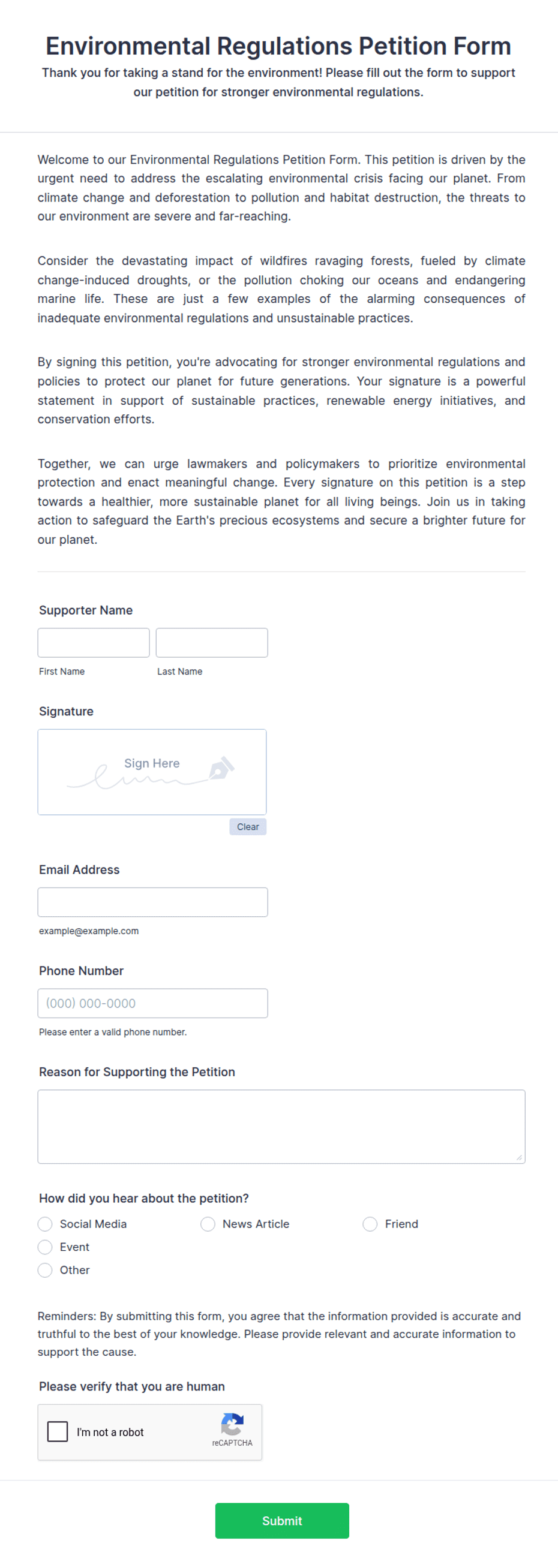 Environmental Regulations Petition Form Template | Jotform