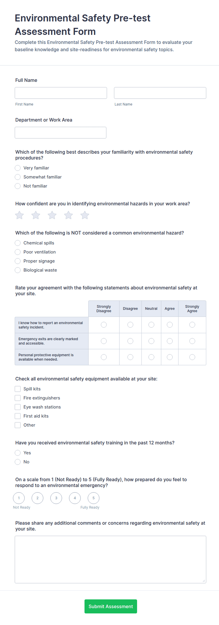 Environmental Safety Pre-test Assessment Form Template | Jotform