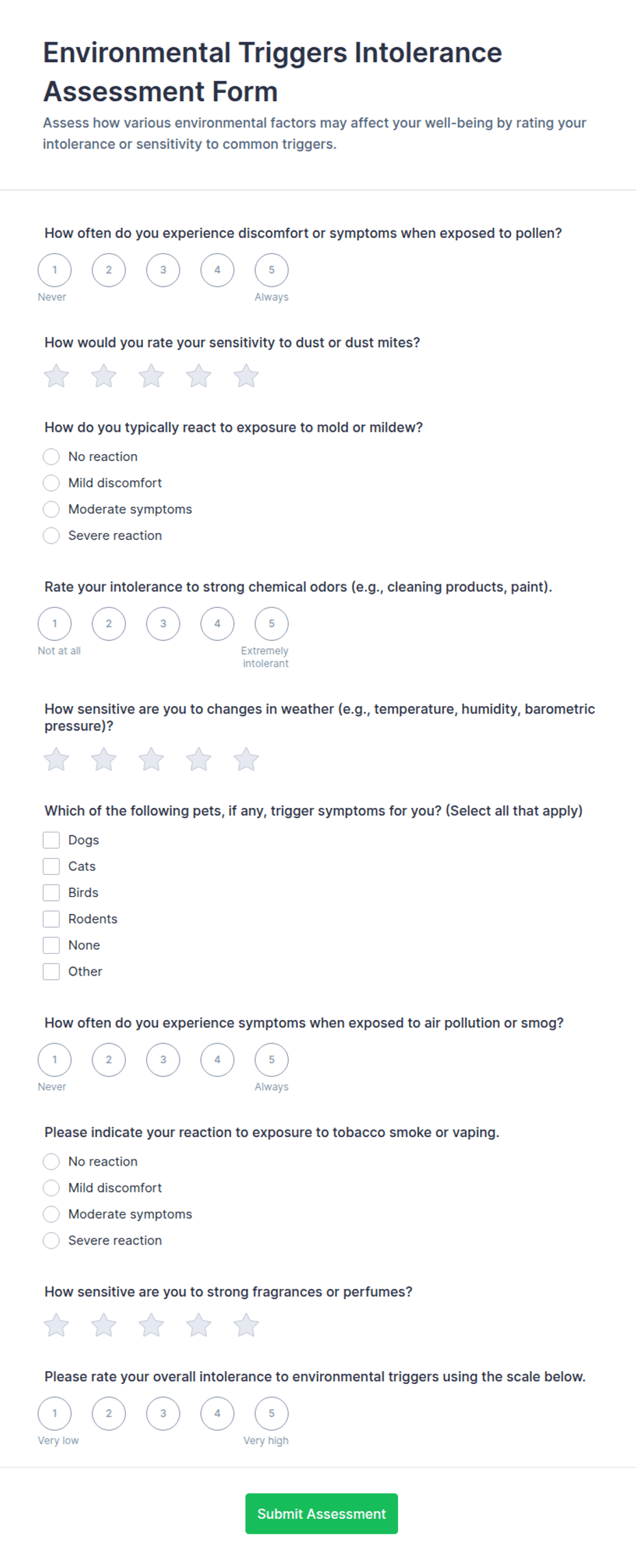 Environmental Triggers Intolerance Assessment Form Template | Jotform