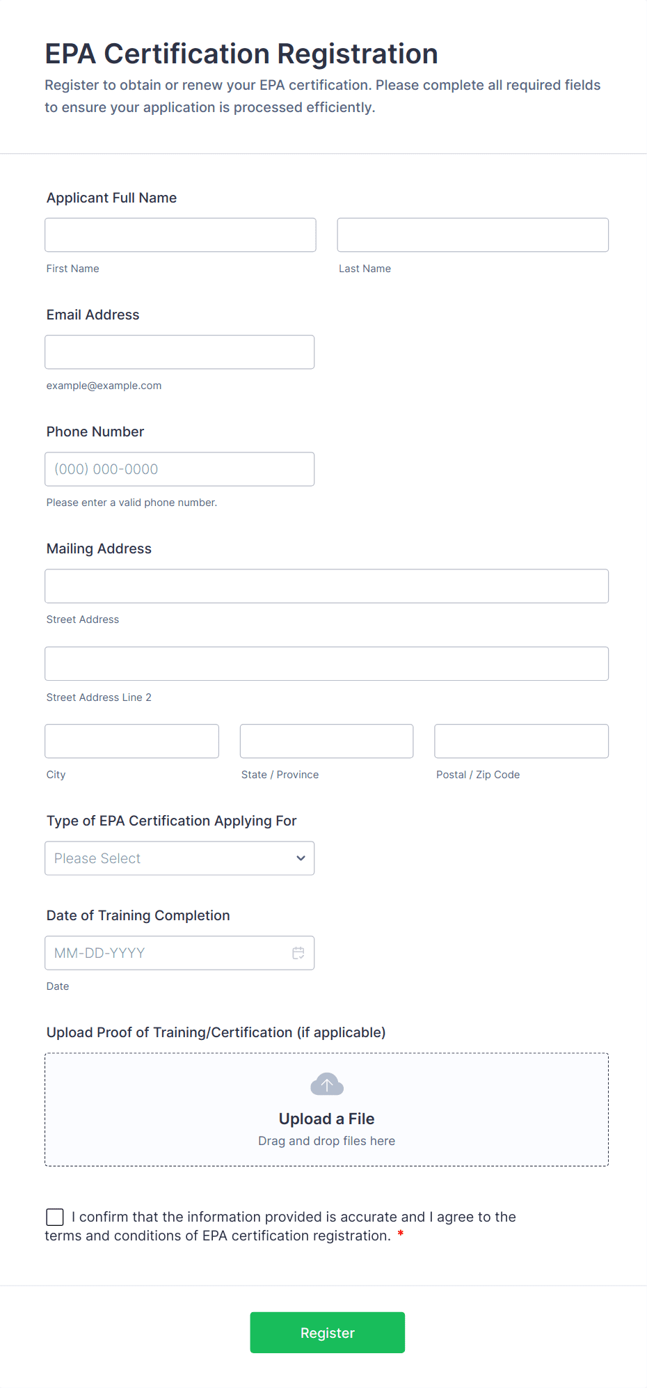 EPA Certification Registration Form Template | Jotform