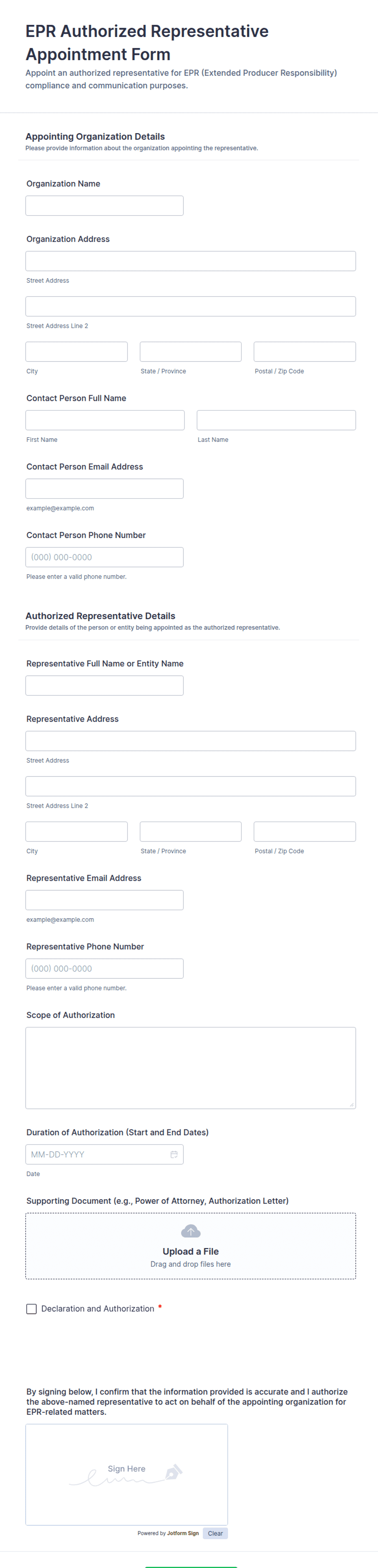 EPR Authorized Representative Appointment Form Template | Jotform
