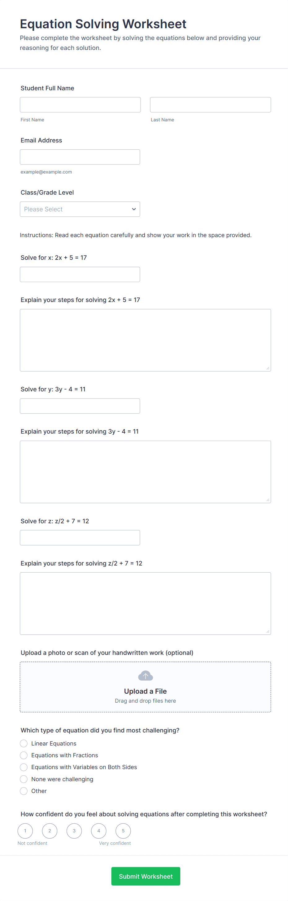 Equation Solving Worksheet Form Template | Jotform