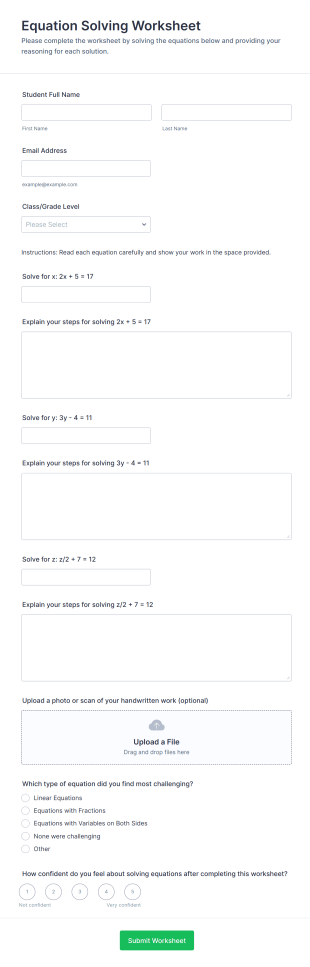 Equation Solving Worksheet Form Template | Jotform