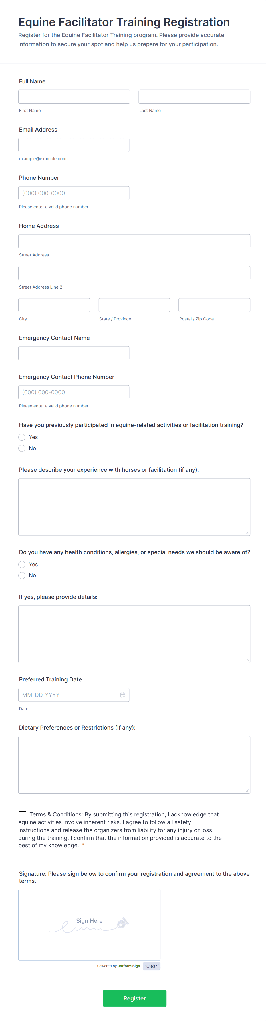 Equine Facilitator Training Registration Form Template | Jotform