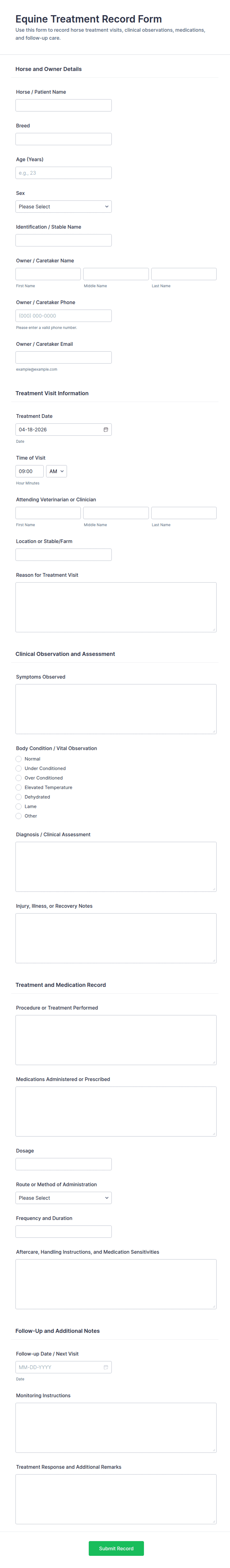 Equine Treatment Record Form Template | Jotform