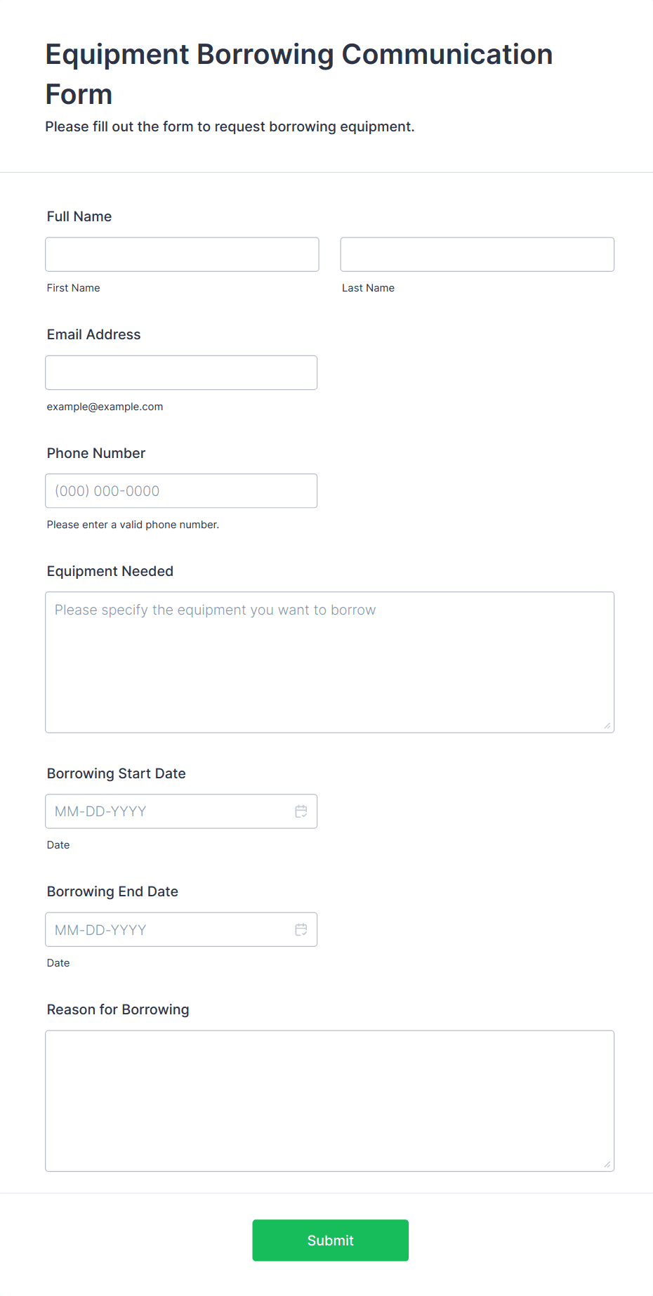 Equipment Borrowing Communication Form Template | Jotform