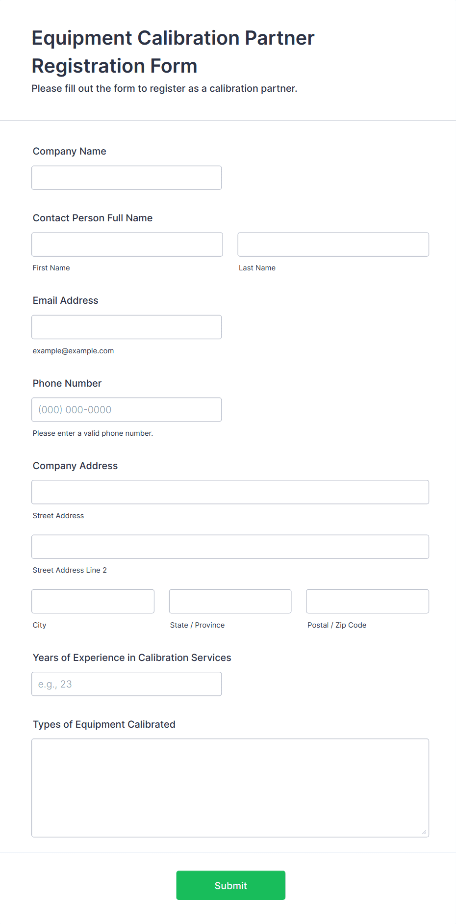 Equipment Calibration Partner Registration Form Template | Jotform
