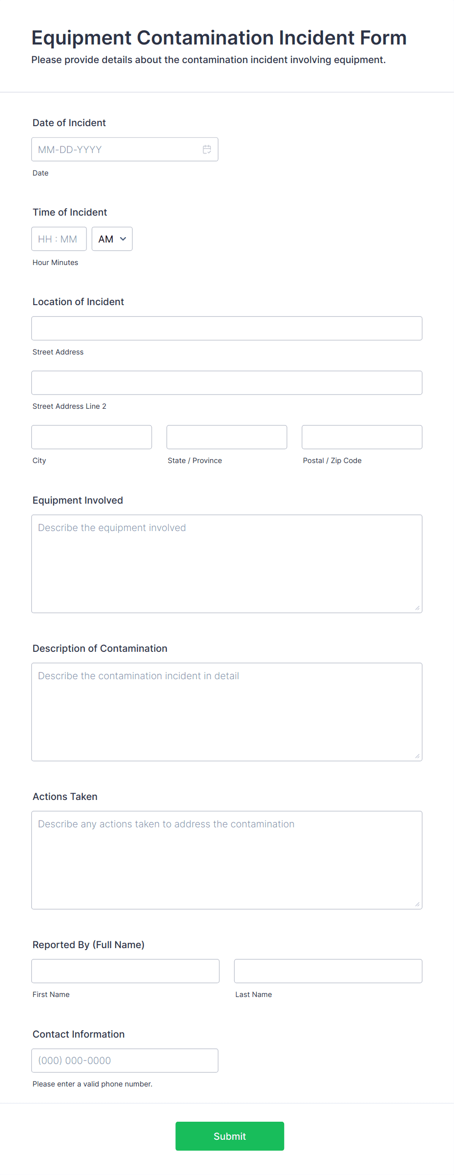 Equipment Contamination Incident Form Template | Jotform