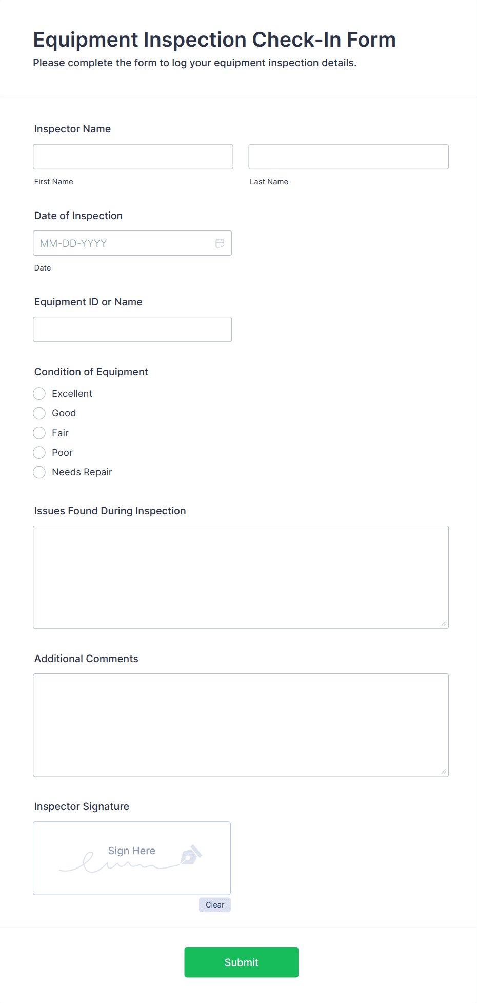 Equipment Inspection Check-In Form Template | Jotform