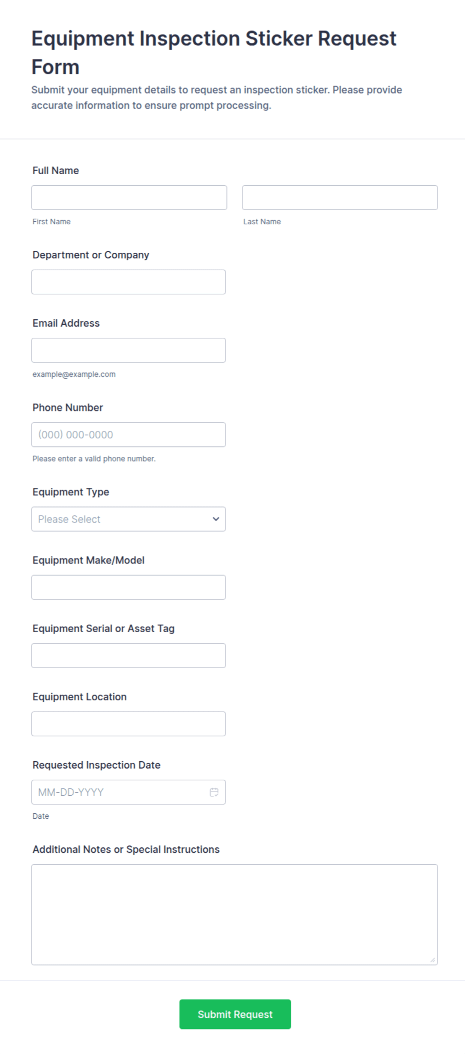 Equipment Inspection Sticker Request Form Template | Jotform