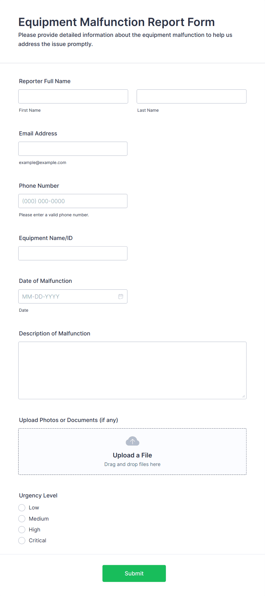 Equipment Malfunction Report Form Template | Jotform