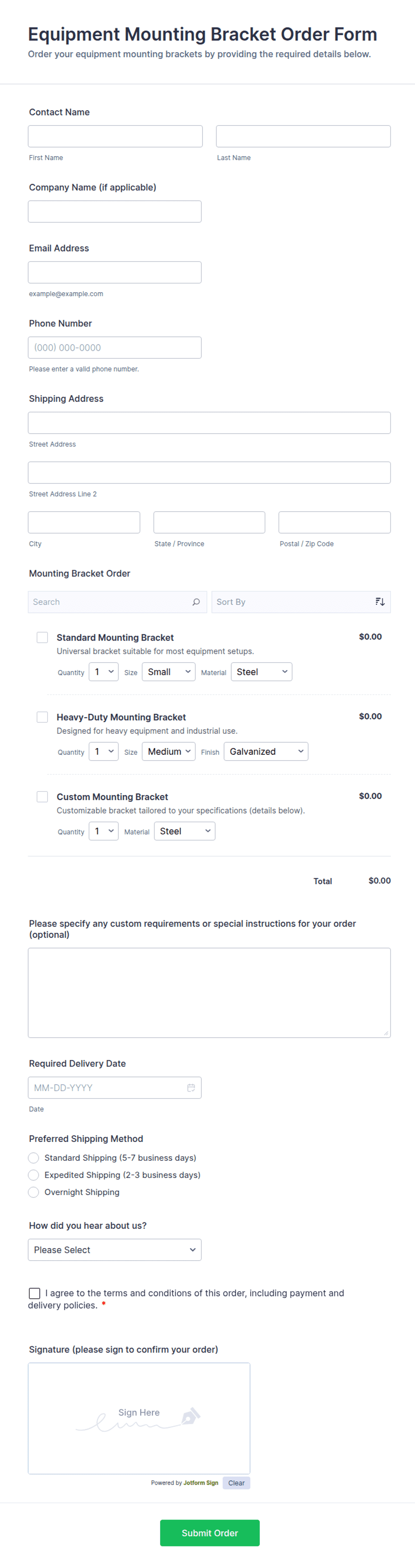 Equipment Mounting Bracket Order Form Template | Jotform