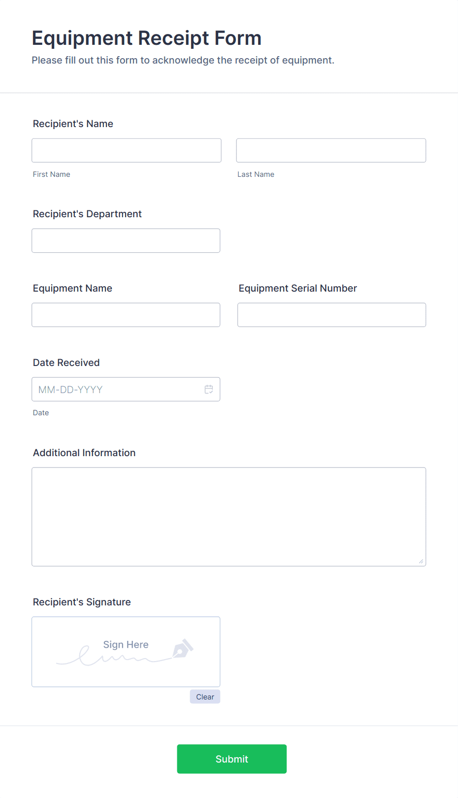 Equipment Receipt Form Template | Jotform