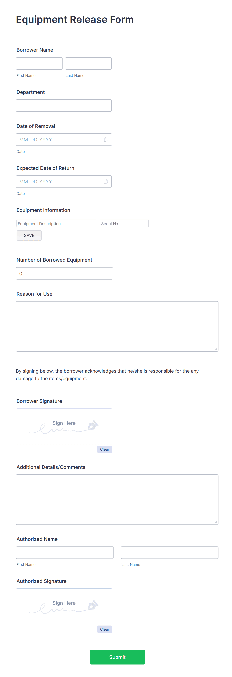 Equipment Release Form Template | Jotform