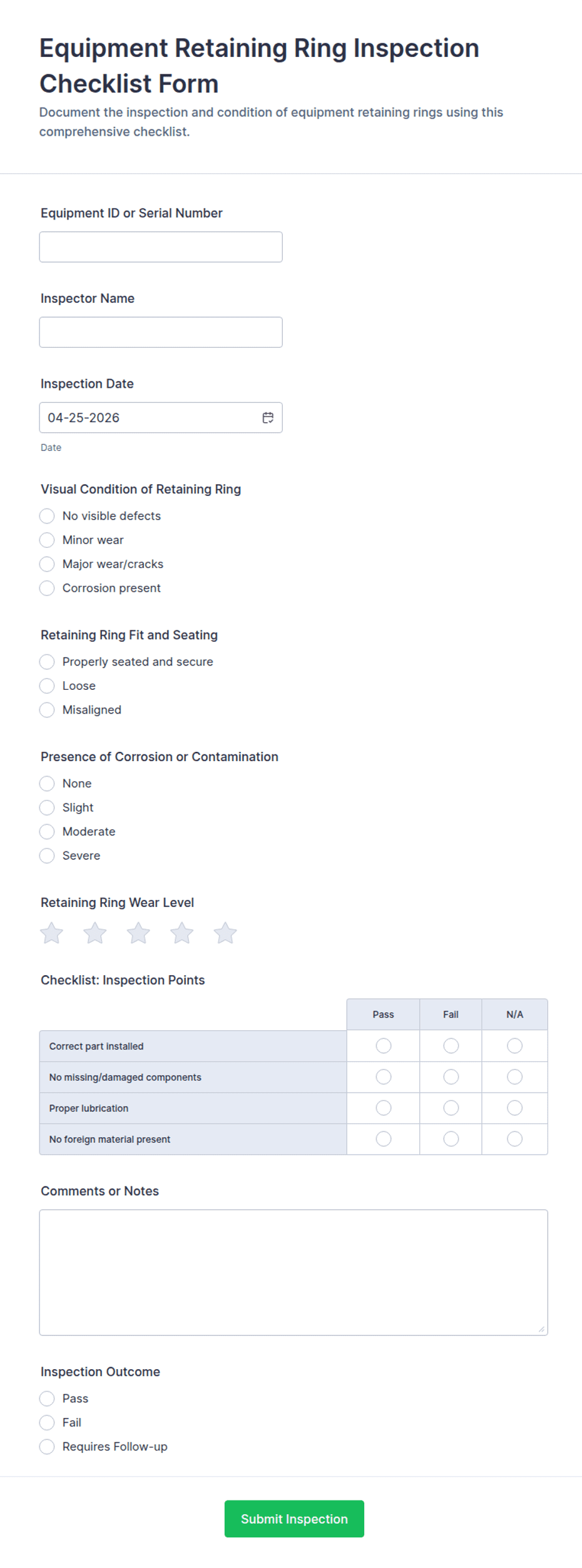 Equipment Retaining Ring Inspection Checklist Form Template | Jotform