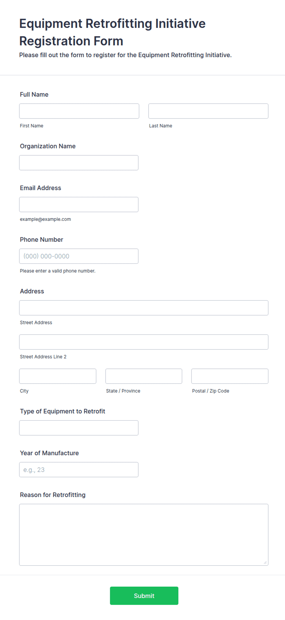 Equipment Retrofitting Initiative Registration Form Template | Jotform