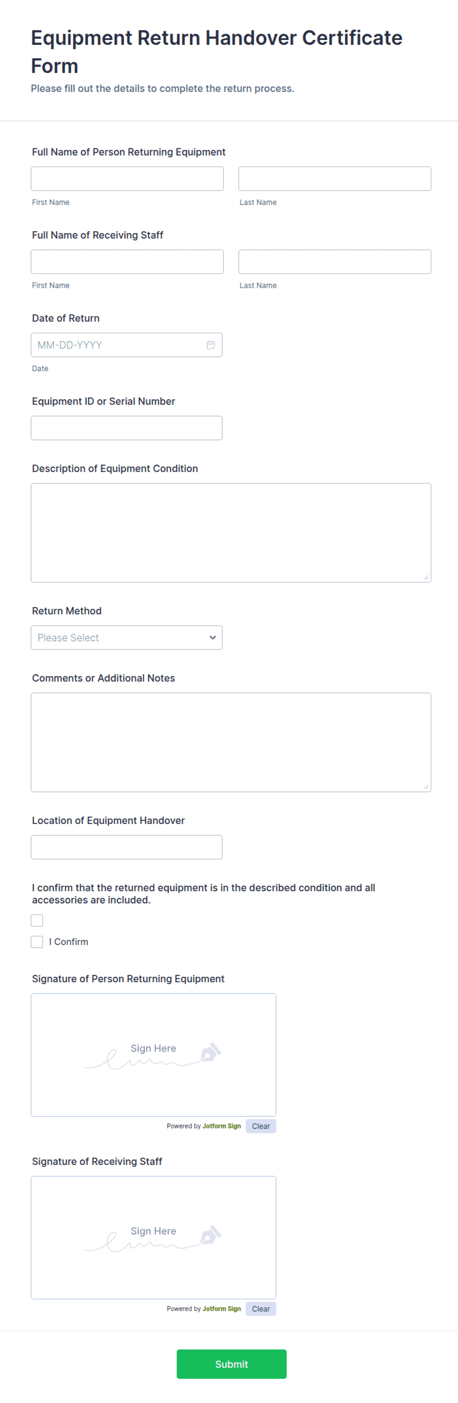 Equipment Return Handover Certificate Form Template | Jotform