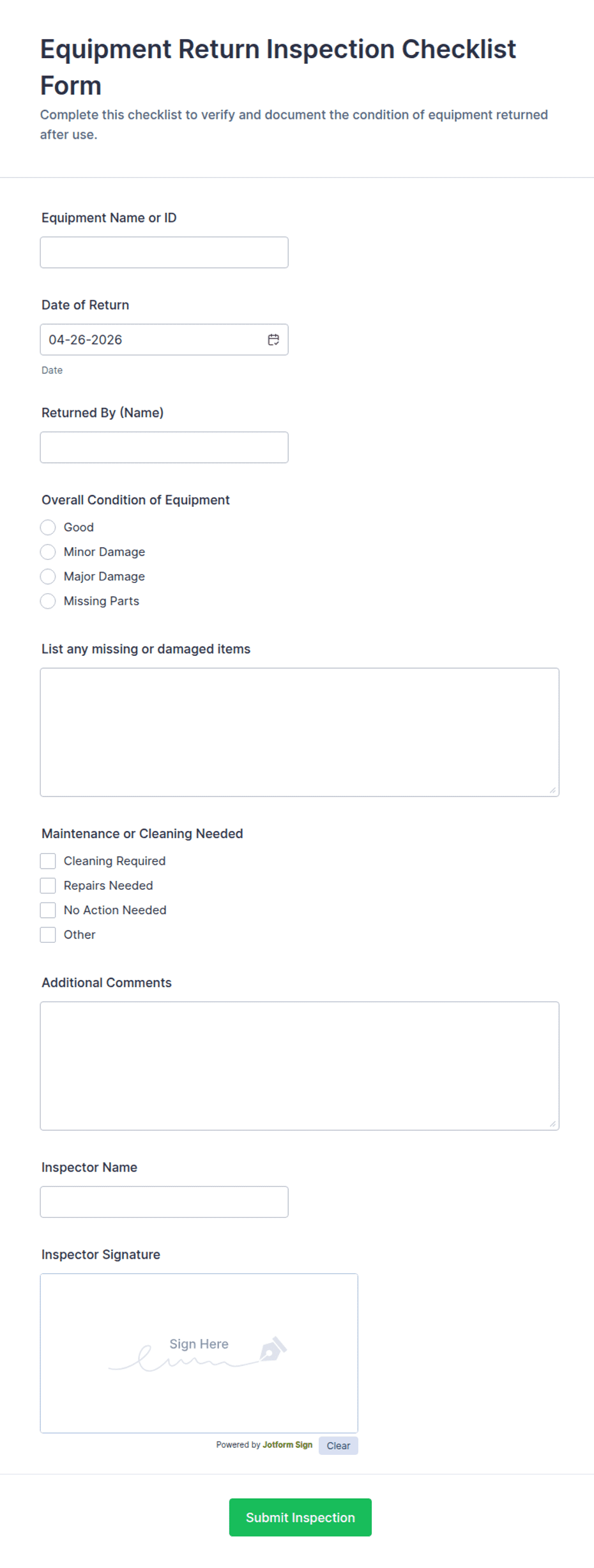 Equipment Return Inspection Checklist Form Template | Jotform