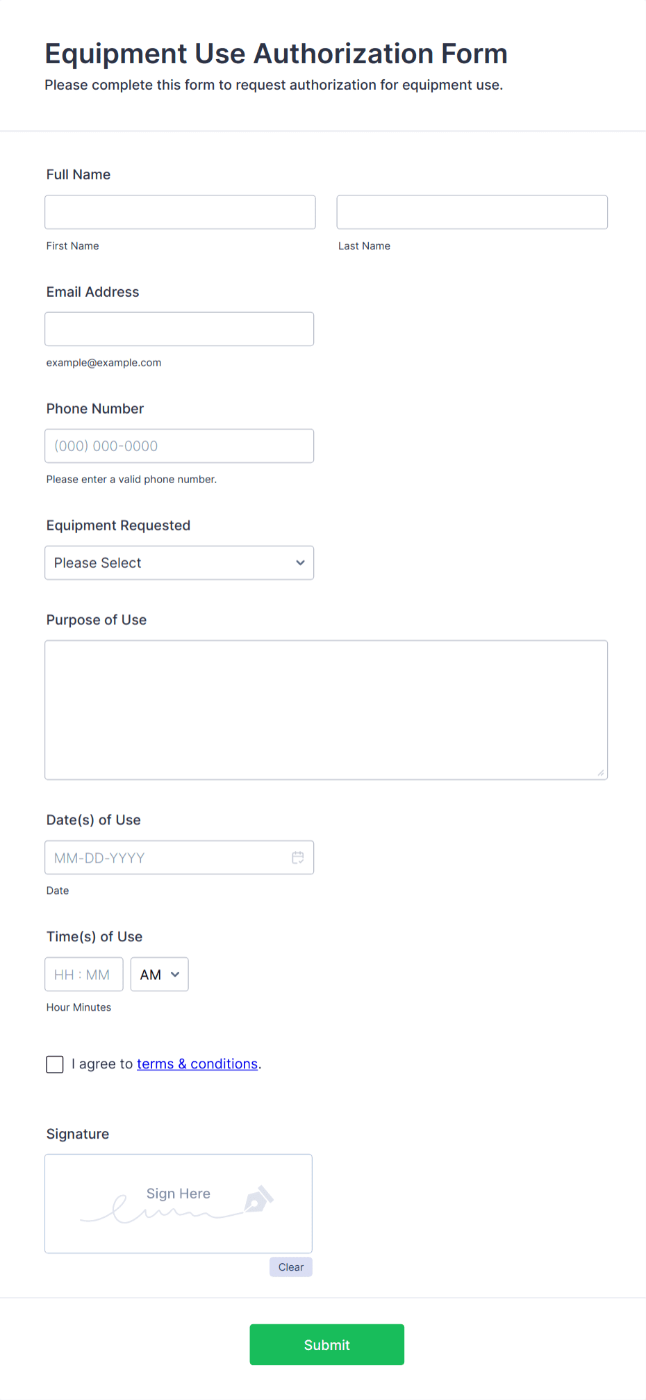 Equipment Use Authorization Form Template | Jotform