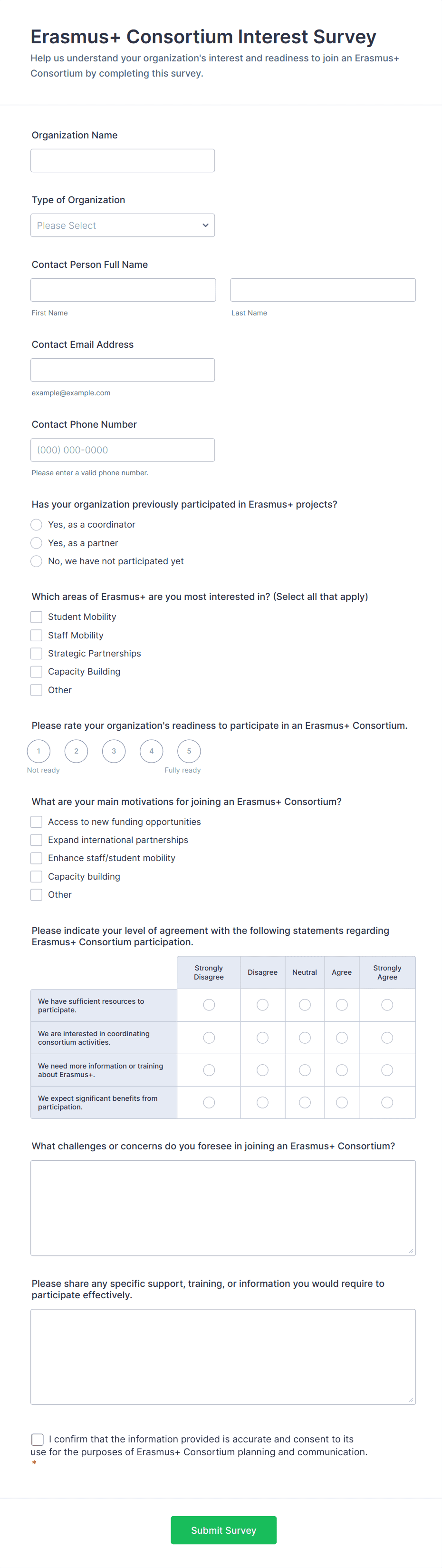 Erasmus+ Consortium Interest Survey Form Template | Jotform
