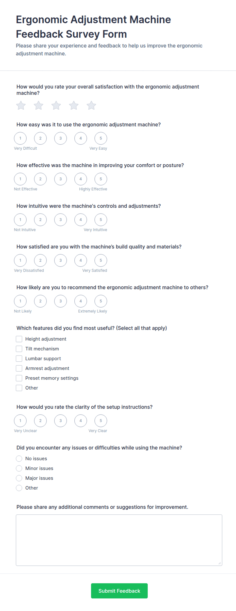 Ergonomic Adjustment Machine Feedback Survey Form Template | Jotform