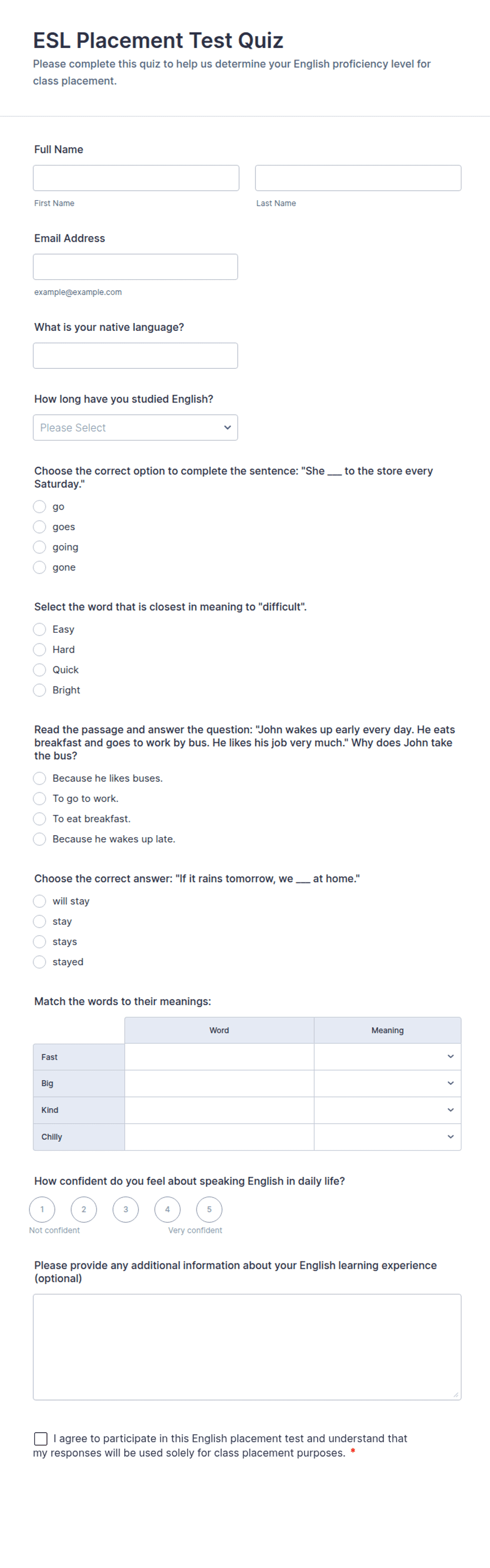 ESL Placement Test Quiz Form Template | Jotform