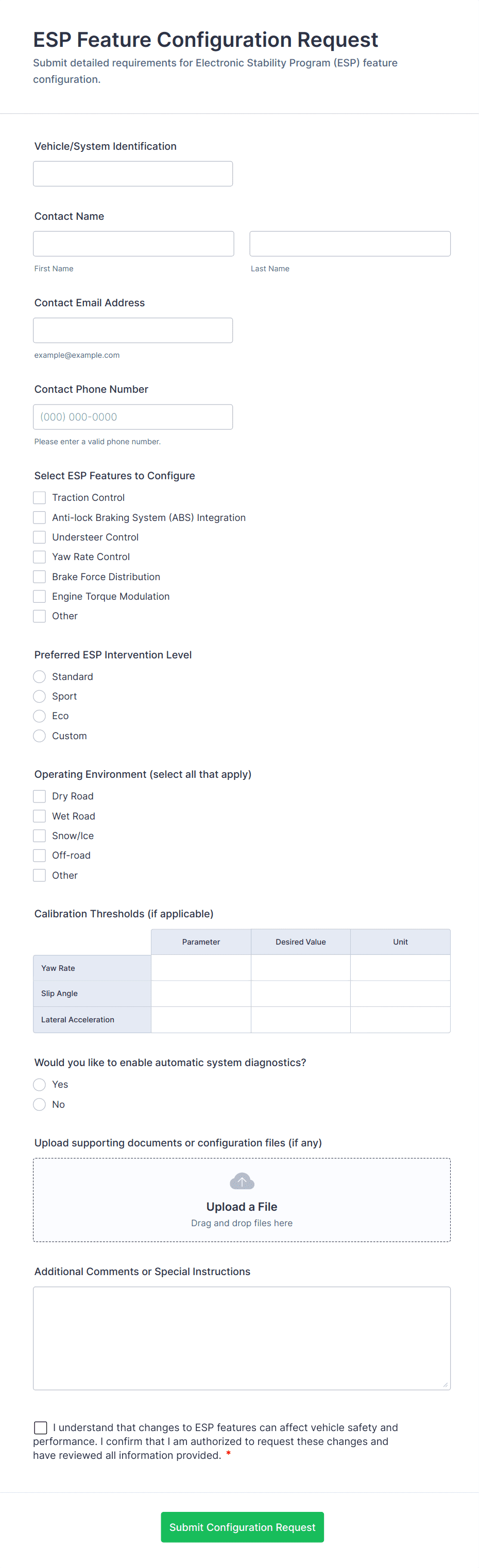 ESP Feature Configuration Request Form Template | Jotform