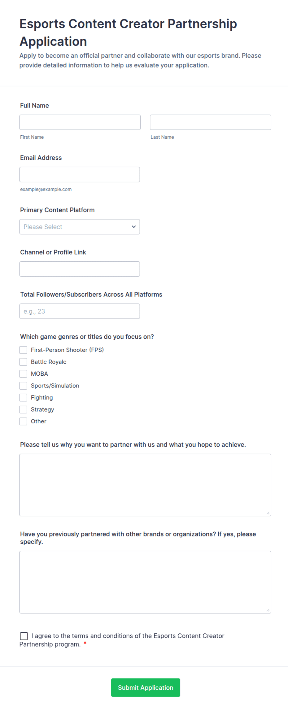 Esports Content Creator Partnership Application Form Template | Jotform