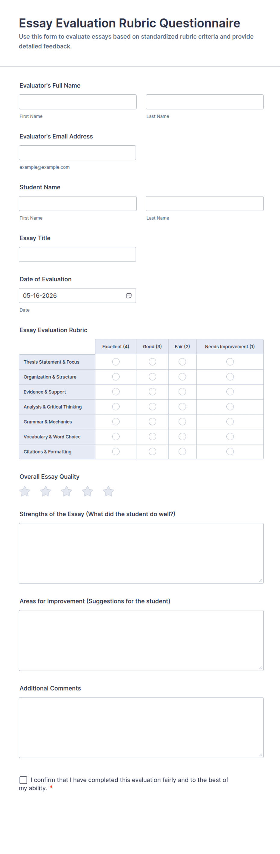 Essay Evaluation Rubric Questionnaire Form Template | Jotform