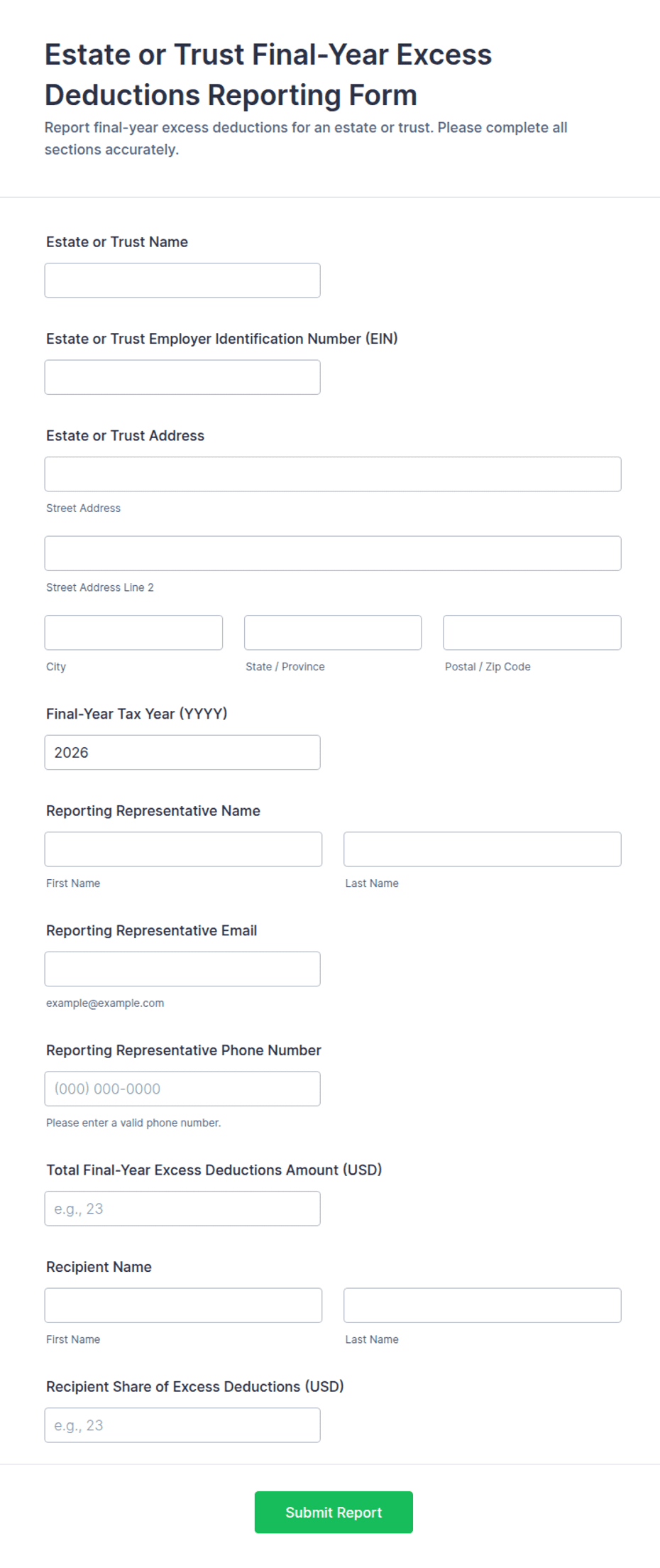 Estate or Trust Final-Year Excess Deductions Reporting Form Template ...